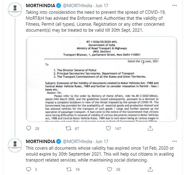 Driving License & Vehicle Registration Validity Extended Until 30 ...