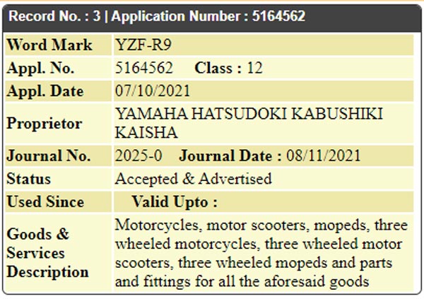 Yamaha Receives Patent For YZF-R9 Name In India - DriveSpark News