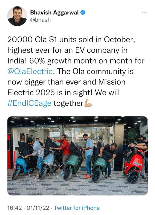 Ola Electric Achieves Its Highest Ever Monthly Sales In October 2022 ...