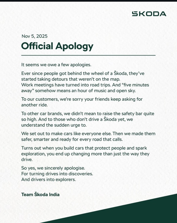 Skoda, Volkswagen Join Viral ‘Official Apology Statement’ Trend ...