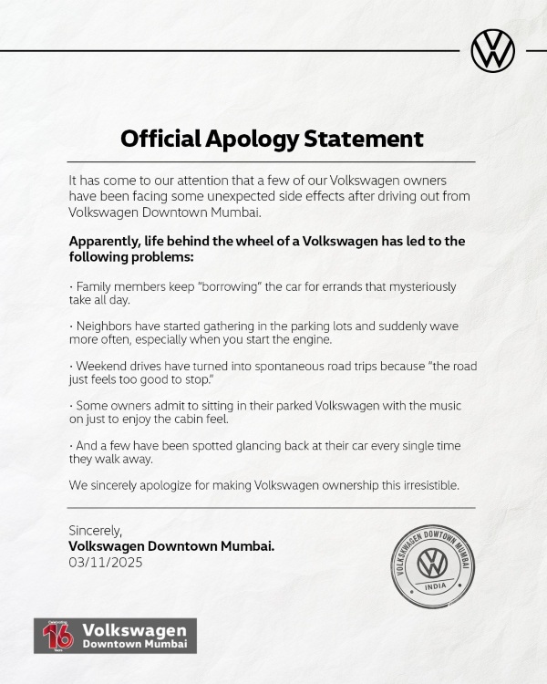 Skoda, Volkswagen Join Viral ‘Official Apology Statement’ Trend - DriveSpark News