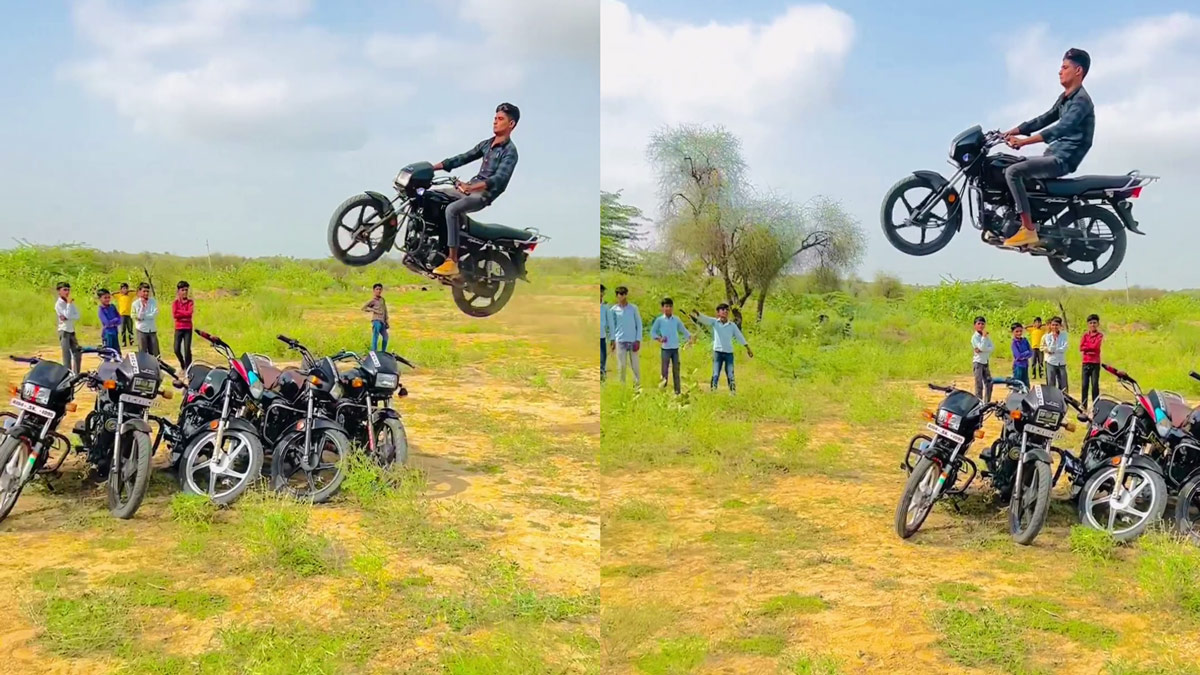 hero splendor bike rider jumps over 5 bikes హీరో స్ప్లెండర్‌ బైక్ ...
